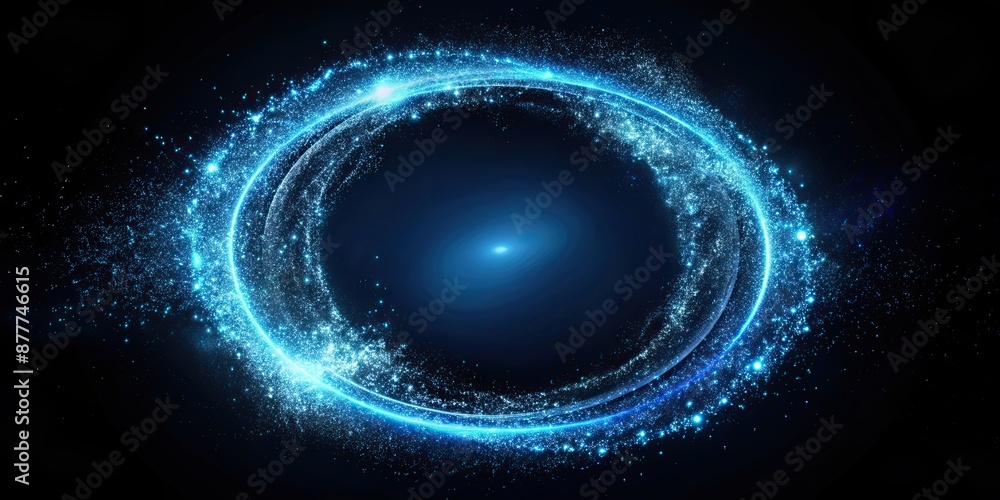 Circle swirl with metallic blue shimmering dust particles in a cosmic ...