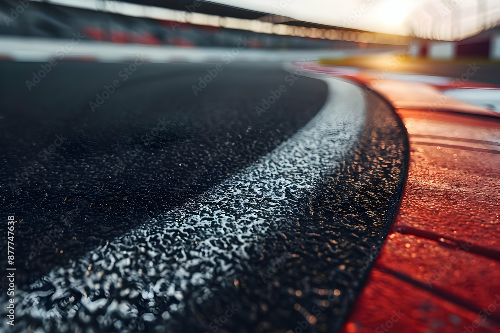 Close-up of a curved racing track with asphalt texture, highlighted by ...