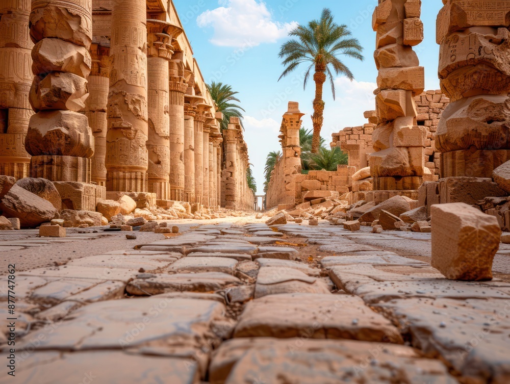 Ancient Egyptian Ruins A Street Lined with Palm Trees, a Glimpse into ...