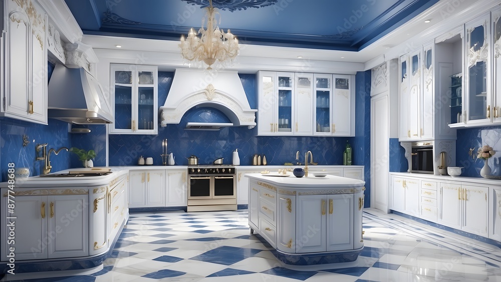 Royal luxury kitchen interior design, blue and white color interior ...