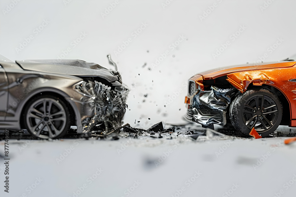 Two cars involved in a head-on collision. Both vehicle fronts are ...