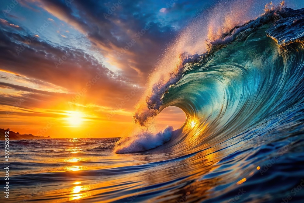 As the sun dips below the horizon a spectacular ocean wave rises poised ...