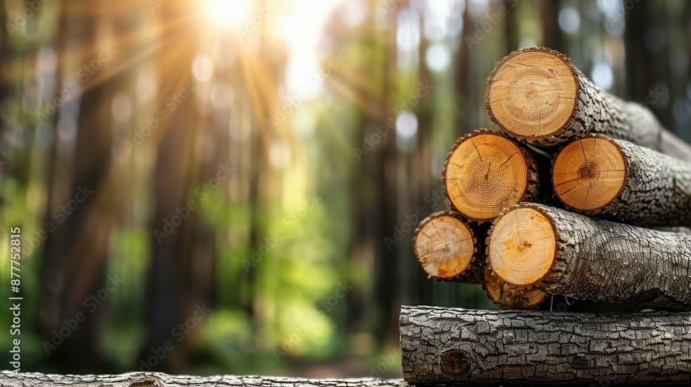 Stack of cut logs in a forest setting with sunlight filtering through ...