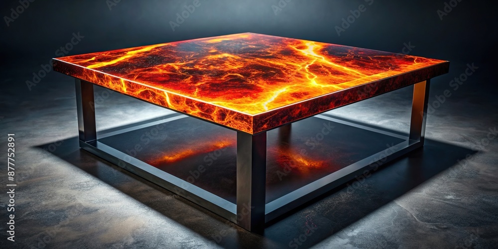 In a dark room there is a square futuristic table made of epoxy resin ...