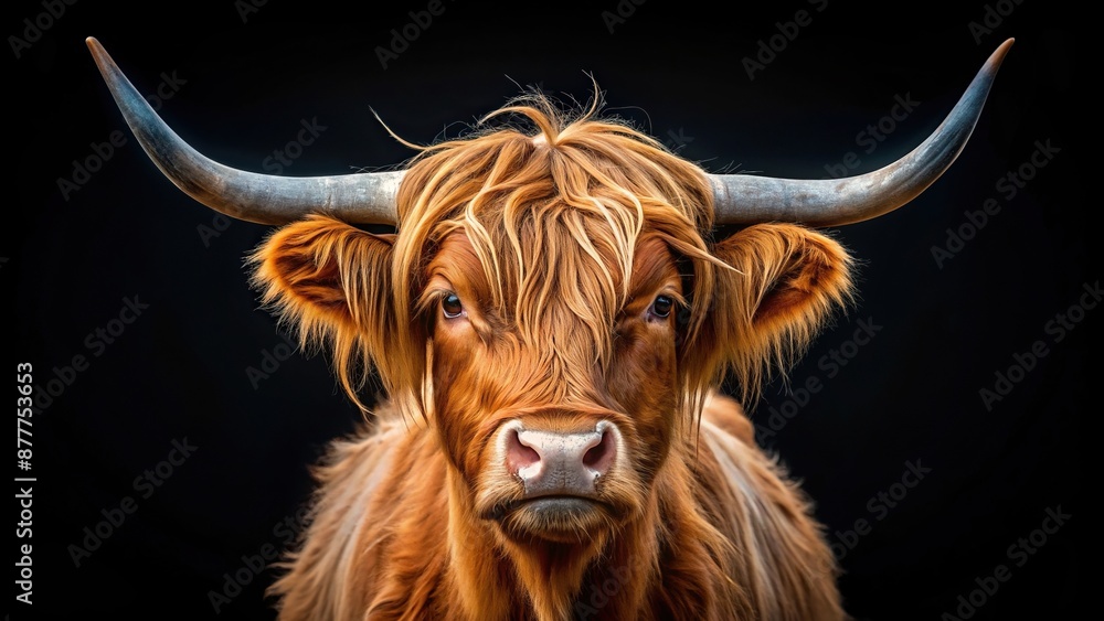 Head of a horned Highland Cattle (Bos taurus taurus) isolated on black ...