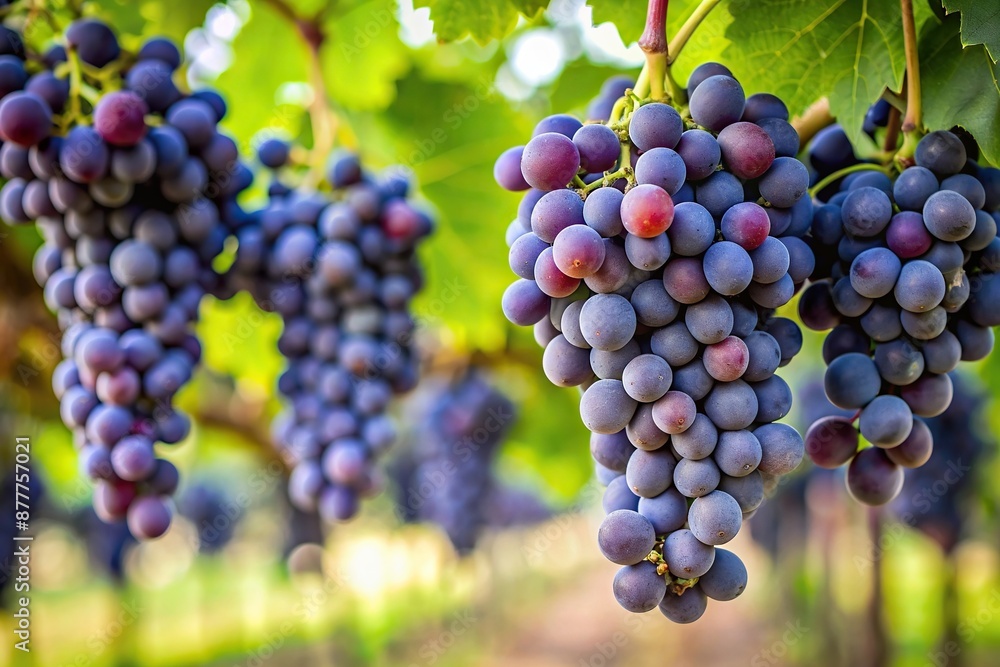bunch of grapes hanging from a vine The grapes are a deep purple color ...