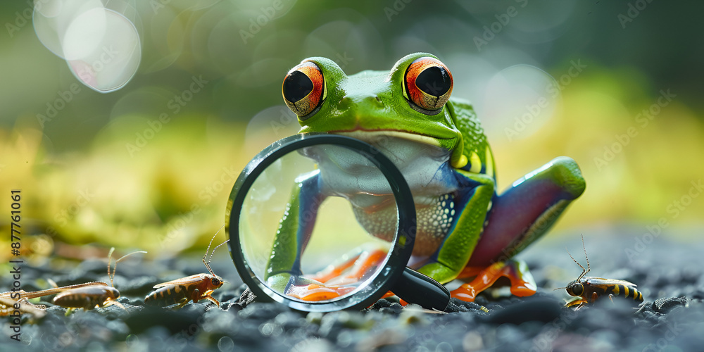 Curious frog examining insects with a magnifying glass highlighting the ...