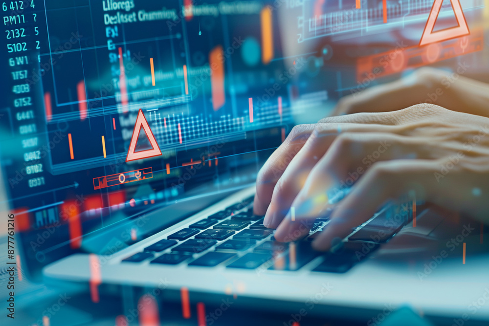 A person was typing on their laptop with an exclamation mark icon and ...