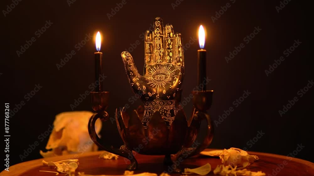 Fortune teller hand or palmistry on the witch table with animal bones ...
