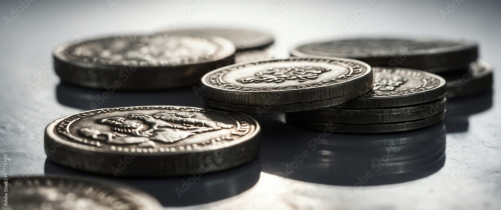 ancient silver coins on smooth reflective plain white background for ...