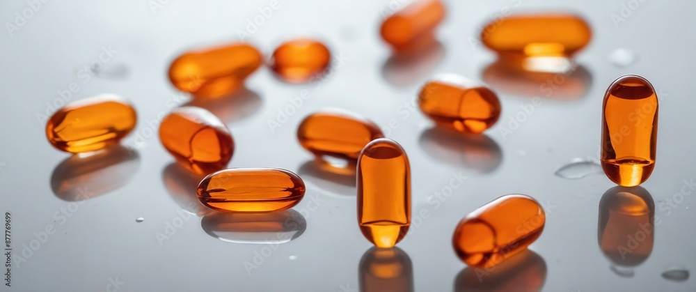 orange oval shaped gel capsules on smooth reflective w plain white ...