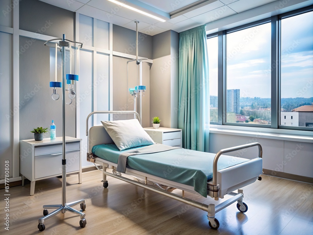 A sterile hospital room setup shows an unoccupied bed with an IV pole ...