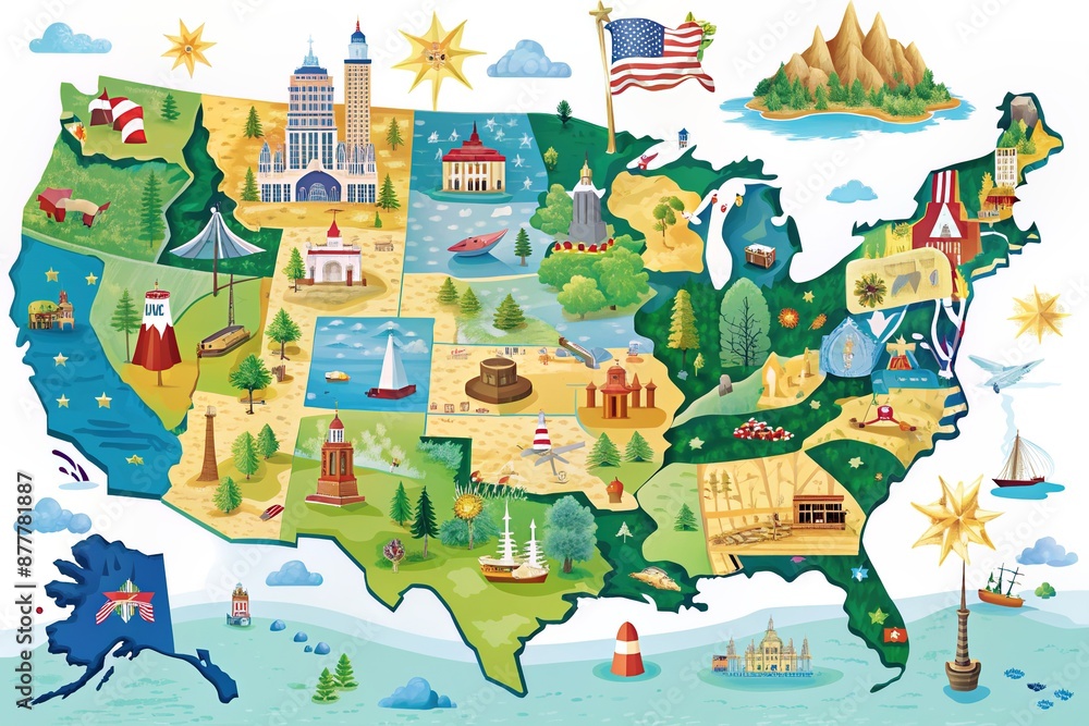 USA tourist map with famous landmarks and state names. Stock ...