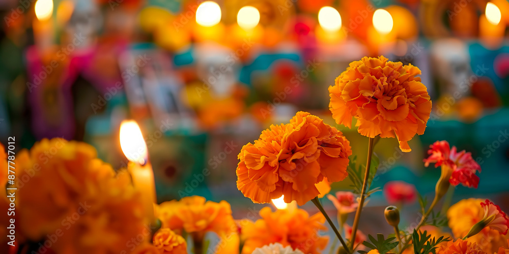 En primer plano flores de cempasúchil, altar de día de muertos mexicano ...