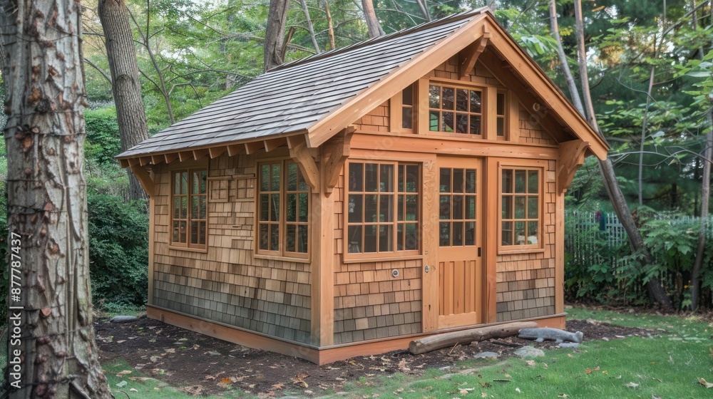handcrafted wooden Craftsman-style garden shed with a shingled roof and ...
