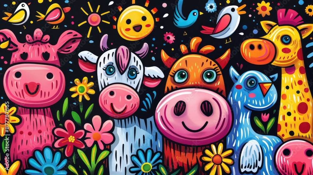 Playful Doodle Farm Animals - Hand-drawn Illustration of Cute Cows ...