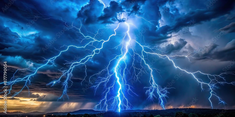 Vibrant electric blue lightning bolt illuminates dark stormy night sky ...