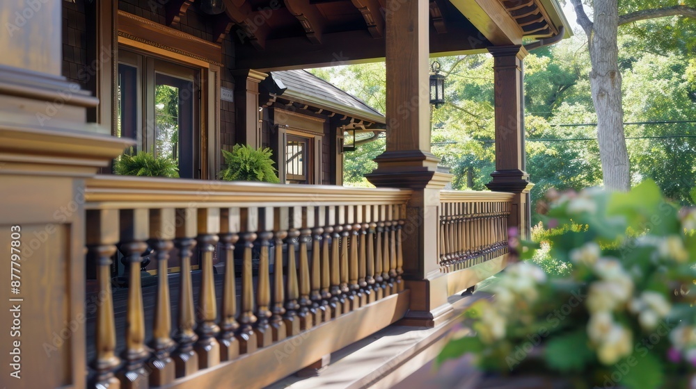 wooden Craftsman-style porch balustrade, designed with custom spindles ...