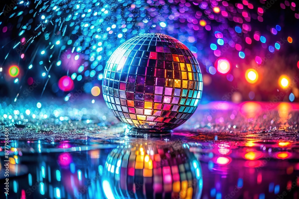 Vibrant colorful lights reflect off wet floor, creating abstract disco ...