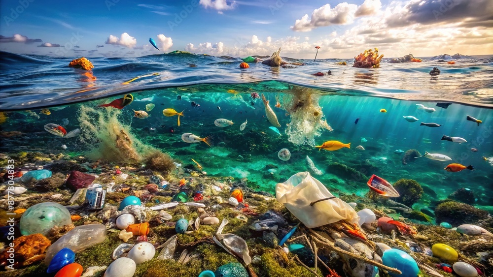 Toxic ocean scene with oil slicks, litter, and plastic debris floating ...