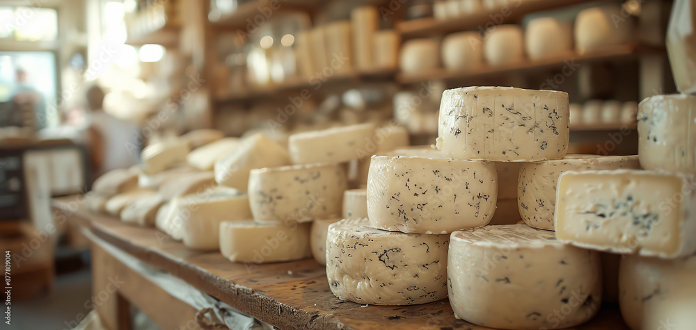 Dry mozzarella in focus, stacked in a rustic cheese shop, realistic ...