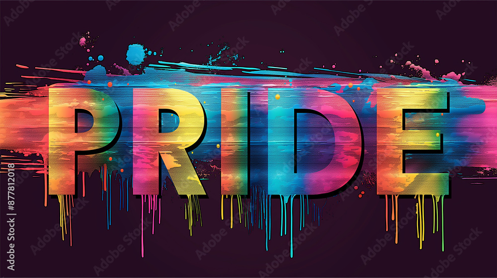 Pride text with rainbow colors is dripping paint on dark background ...