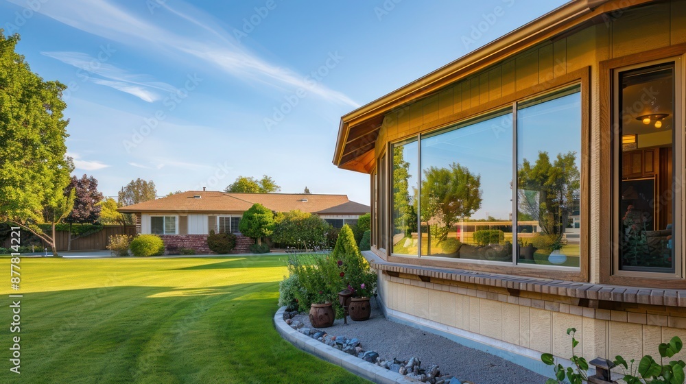 ranch-style house with a large bay window overlooking a meticulously ...