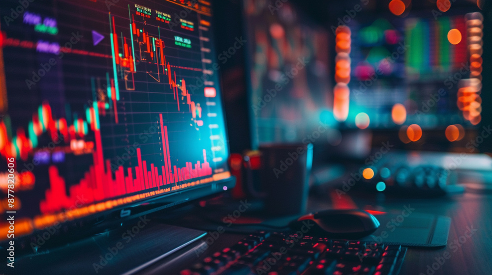 Forex trading desk with charts and currency symbols on screen with ...