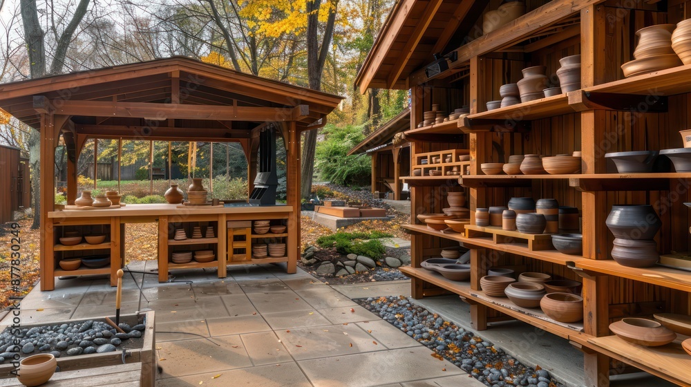 wooden Craftsman-style outdoor pottery studio, featuring shelves for ...