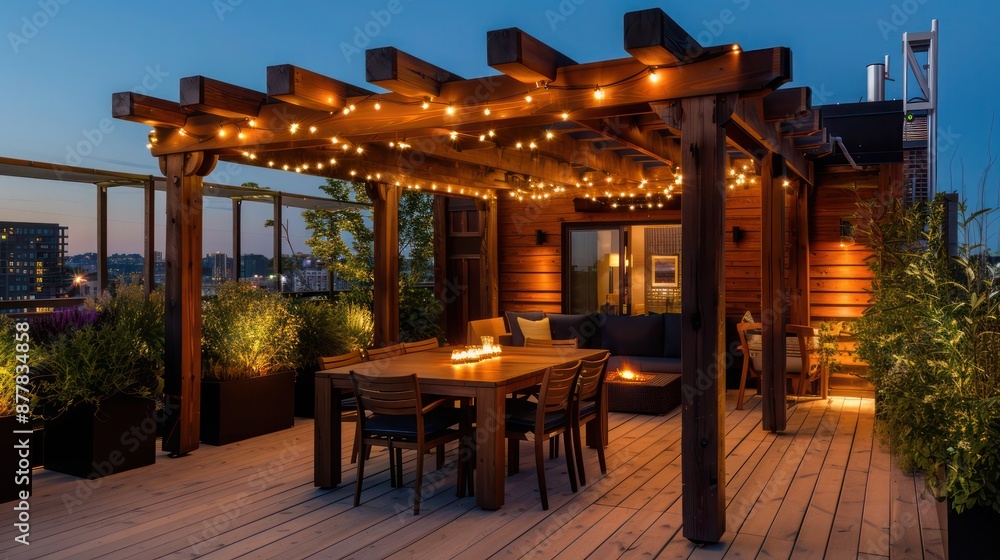 wooden Craftsman-style rooftop dining area, featuring a pergola and ...