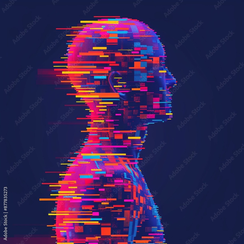 Digital depiction of a human silhouette with glowing networks and ...