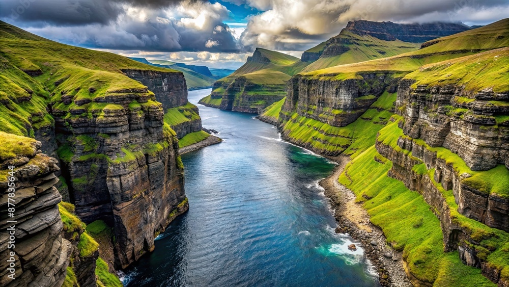 Top view wide gigapan of Gjogv gorge in Faroe Islands, Faroe, wide ...