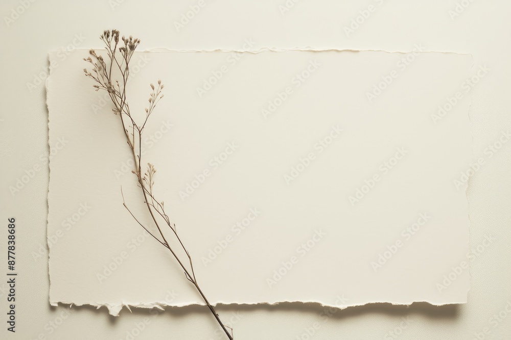 Blank paper mock up with a single dried flower stem lying horizontally ...