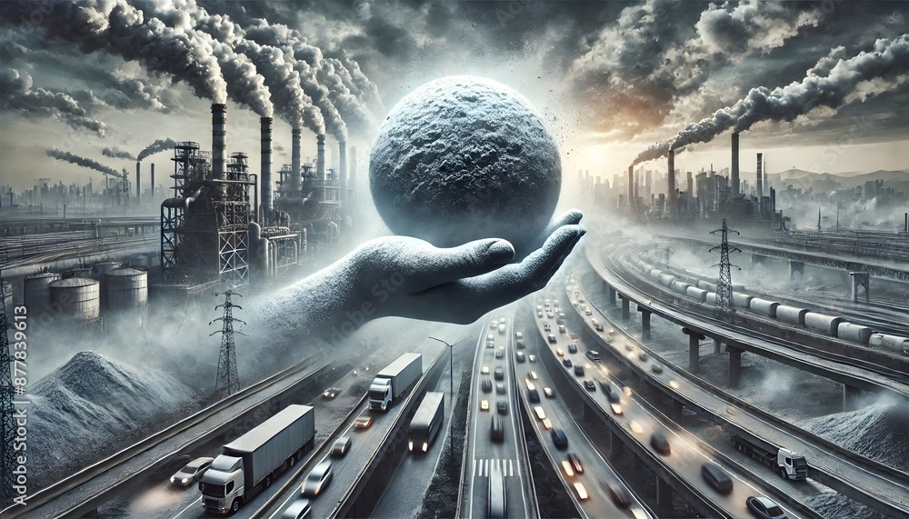 A surreal image depicting an industrial city with heavy traffic and ...