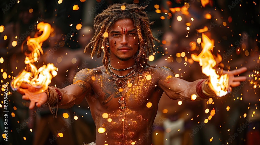 A shirtless male fire performer expertly performs fire batons, creating ...