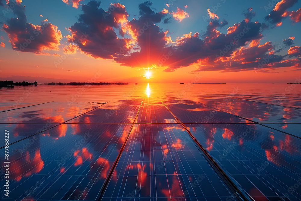 Graphic illustration of a solar panel with a sunset in the background ...