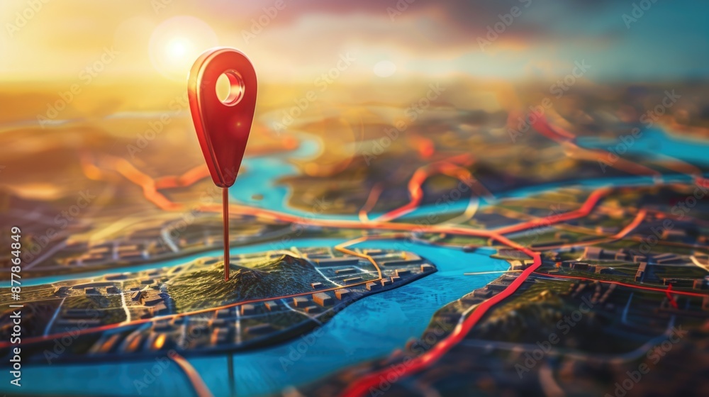 find your way location marking with a pin on a map with routes ...