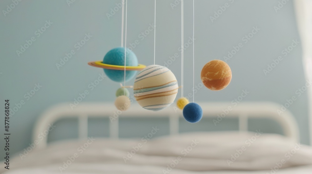Colorful mobile of planetary models hanging over a bed in a cozy room ...