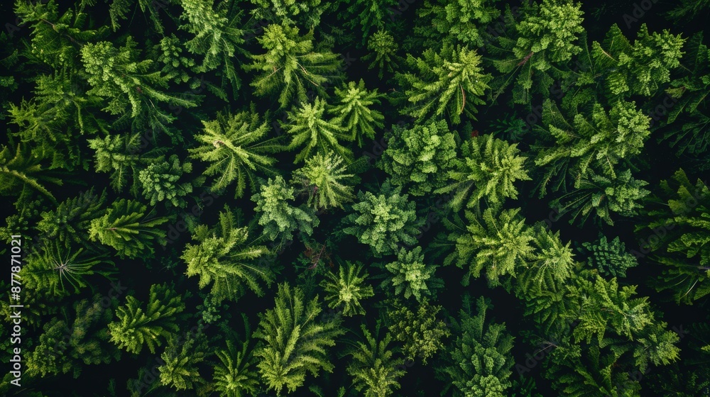 Top-down view of the canopy of a dense coniferous forest, with a rich ...
