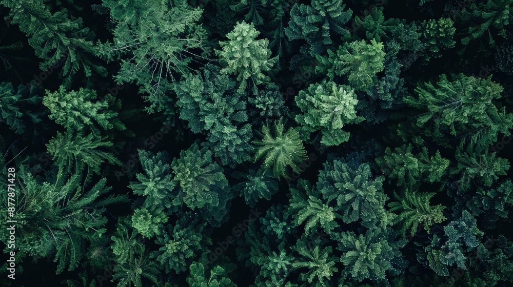 Top-down view of the canopy of a dense coniferous forest, with a rich ...
