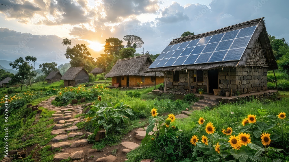Remote village powered by solar energy, with clear blue skies and clean ...