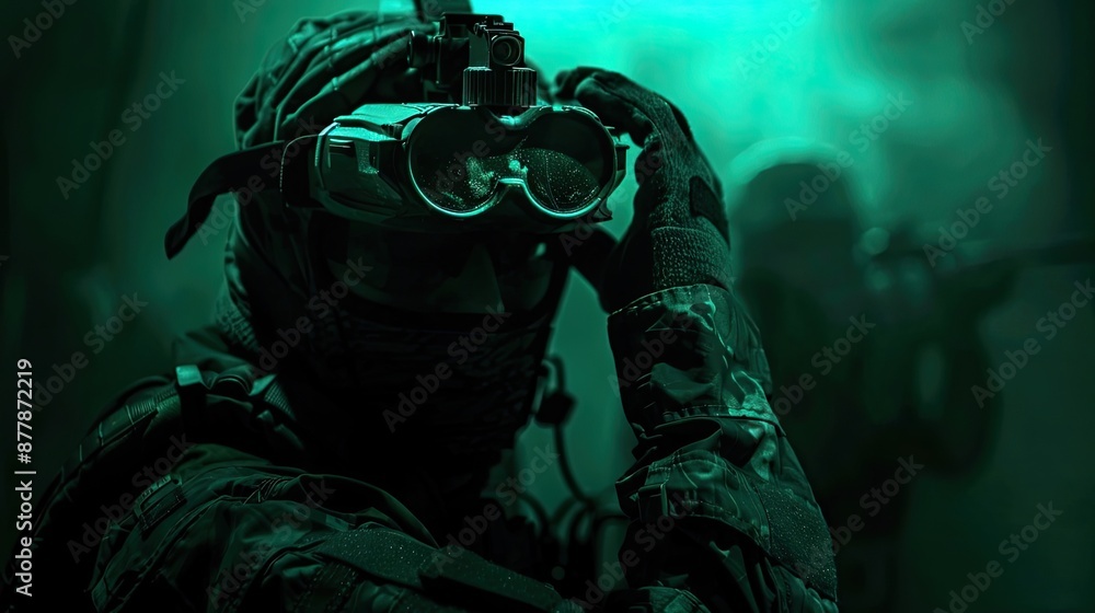 Person using night vision goggles in the dark. Tactical gear ...