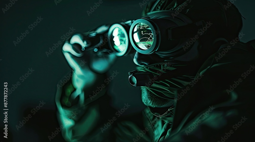 Person using night vision goggles in the dark. Tactical gear ...