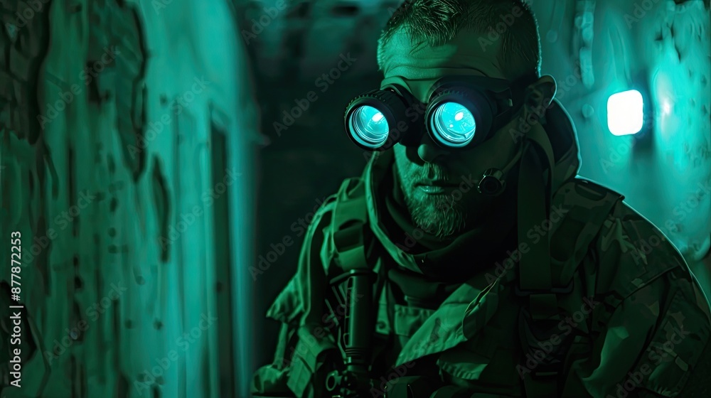 Person using night vision goggles in the dark. Tactical gear ...
