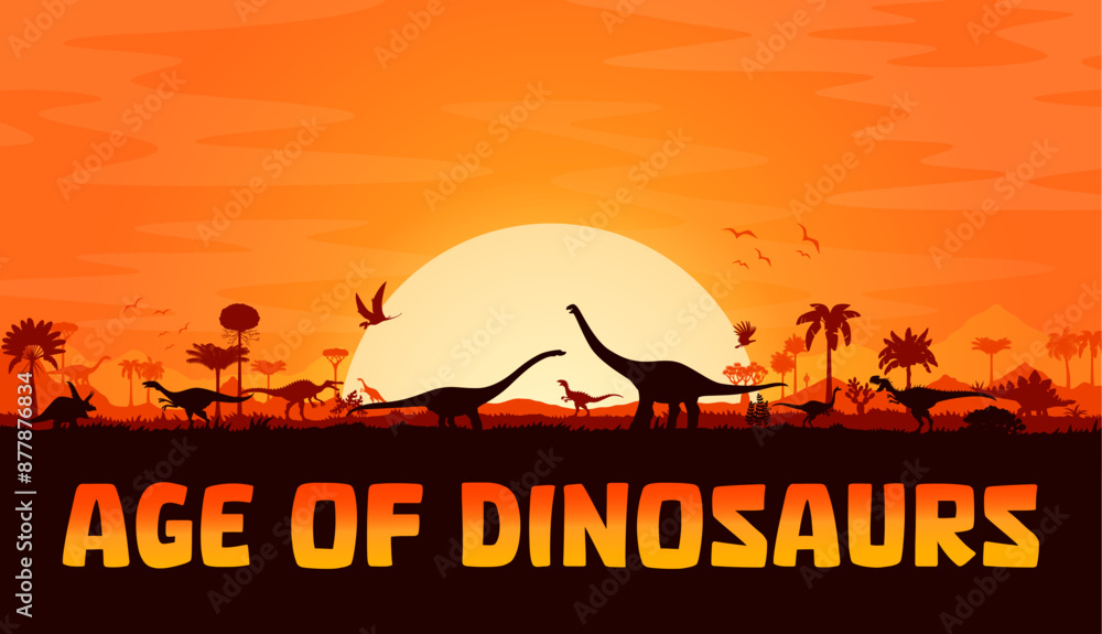 Prehistoric dinosaurs silhouettes on sunset background with trees ...
