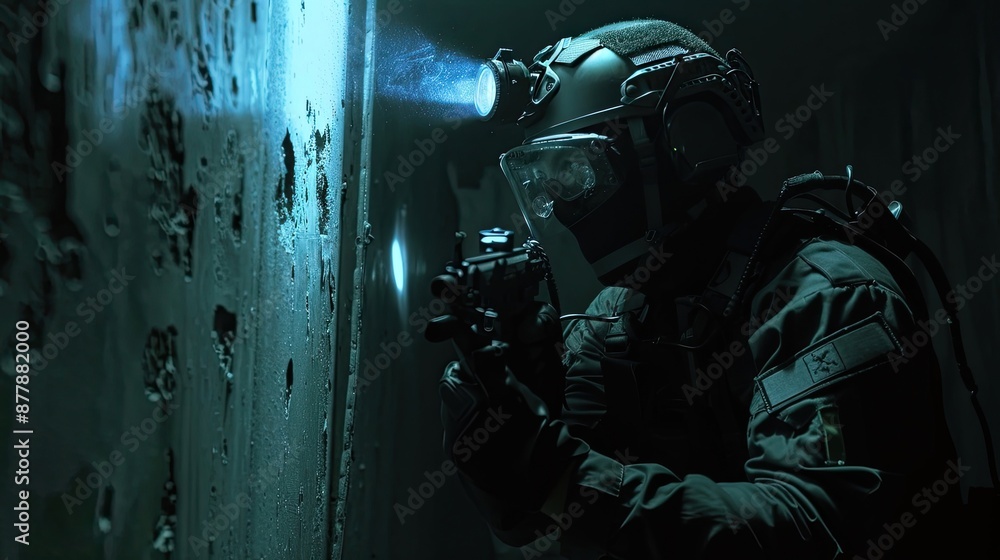 Person using night vision goggles in the dark. Tactical gear ...