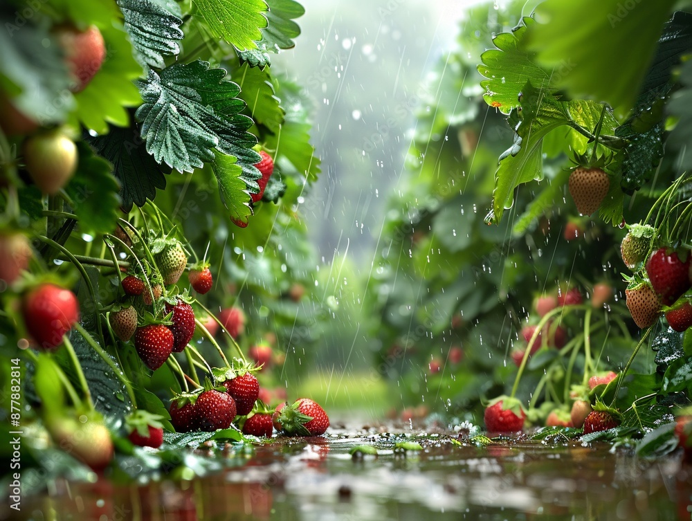 2. Rows of strawberry plants in a flourishing garden drenched by a ...