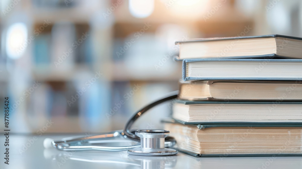Stack of books with stethoscope and open book on top book stethoscope ...
