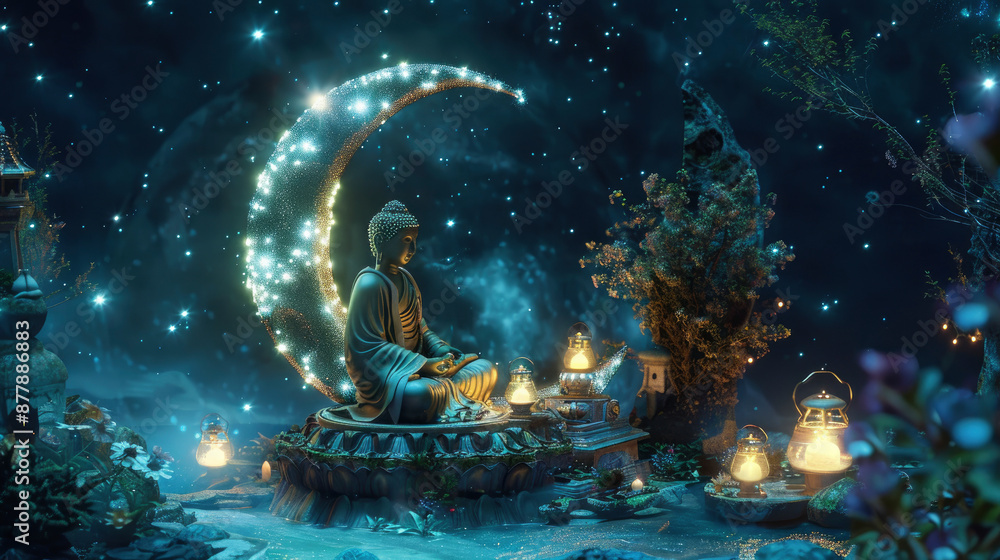 Buddha Purnima display, with a crescent moon-shaped altar surrounded by ...