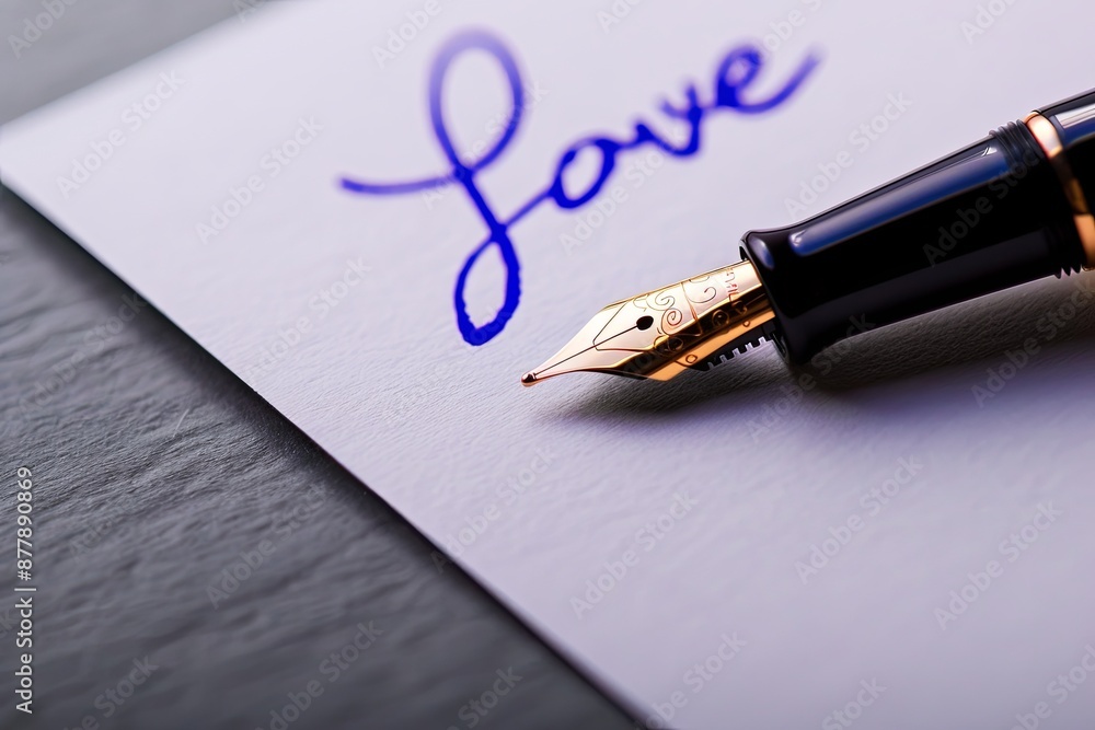 Elegant Pen Writing on White Paper, Close-Up View with Ink Flowing and ...